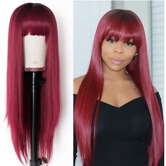 Hair | Sheer 24inch Red Wigs With Bangs Straight | Poshmark